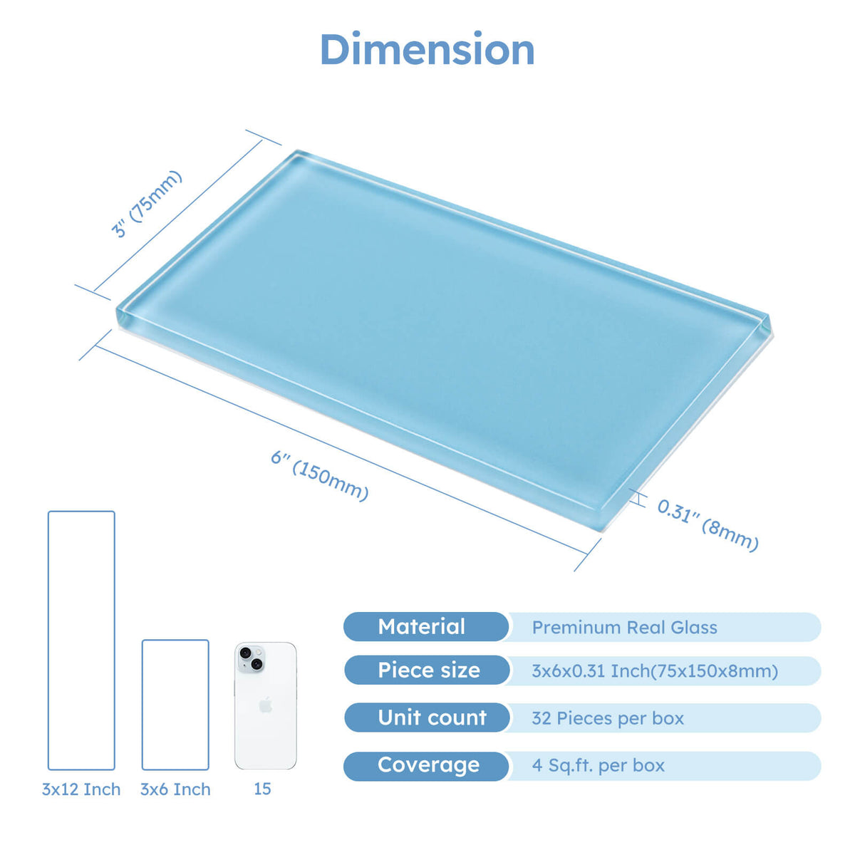 Diflart Glass Subway Tile 3x6 Inch, Blue, Glossy, 4 Sq.ft, Glass Backs