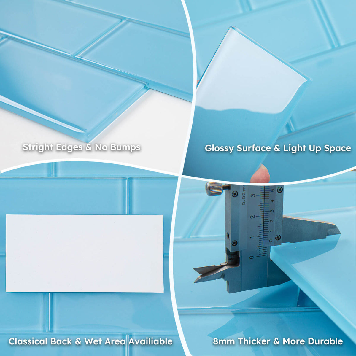 Diflart Glass Subway Tile 3x6 Inch, Blue, Glossy, 4 Sq.ft, Glass Backs