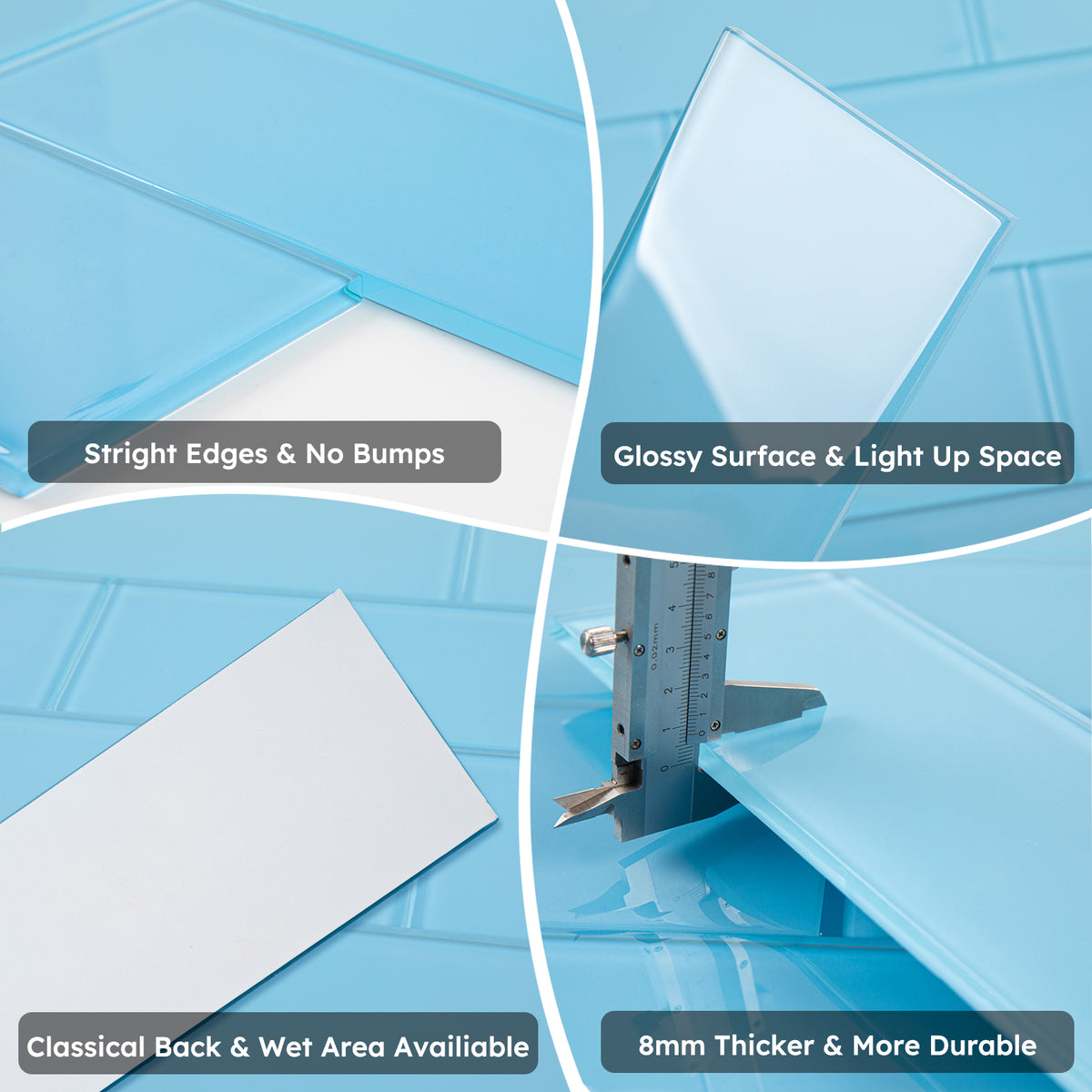 Diflart Glass Subway Tile 4x12 Inch, Blue, Glossy, 4 Sq.ft, Glass Back