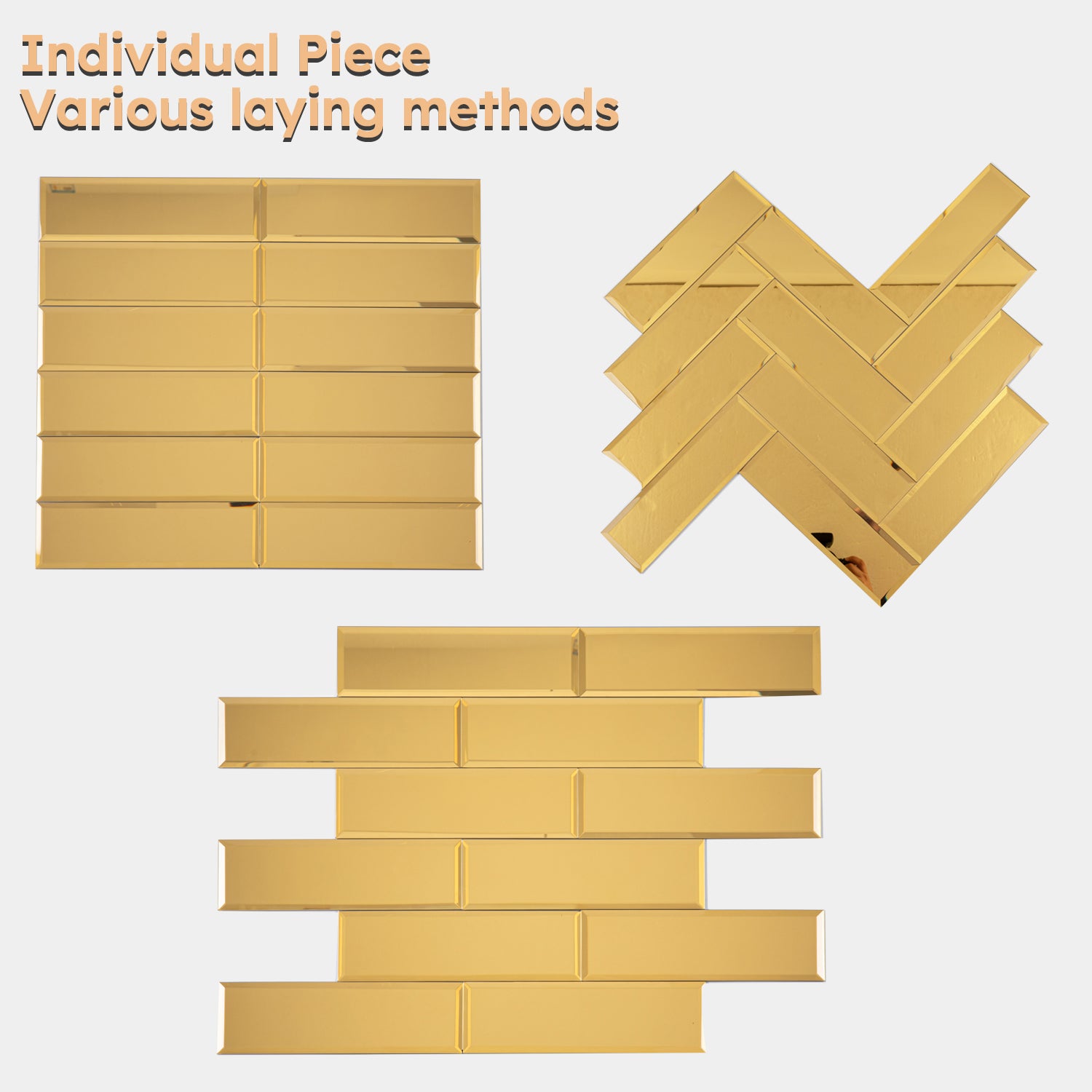 Peel and Stick Gold Beveled Mirror Subway Tile, 4 x 12 Inch, Polished ...