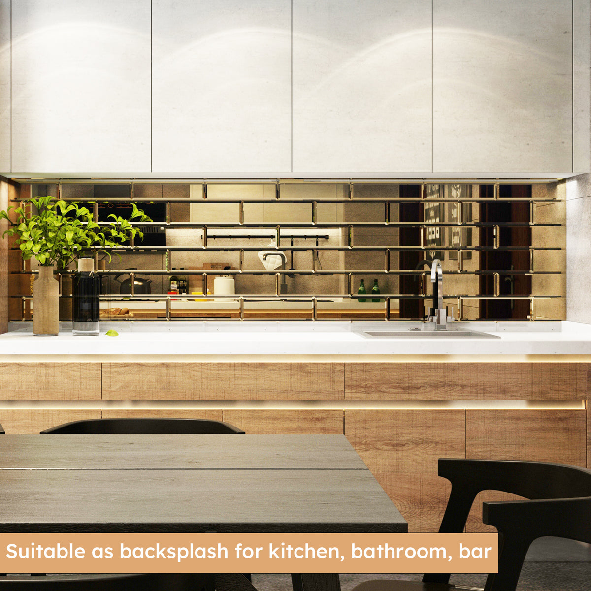 Peel and Stick Gold Beveled Mirror Subway Tile, 4 x 12 Inch, Polished ...